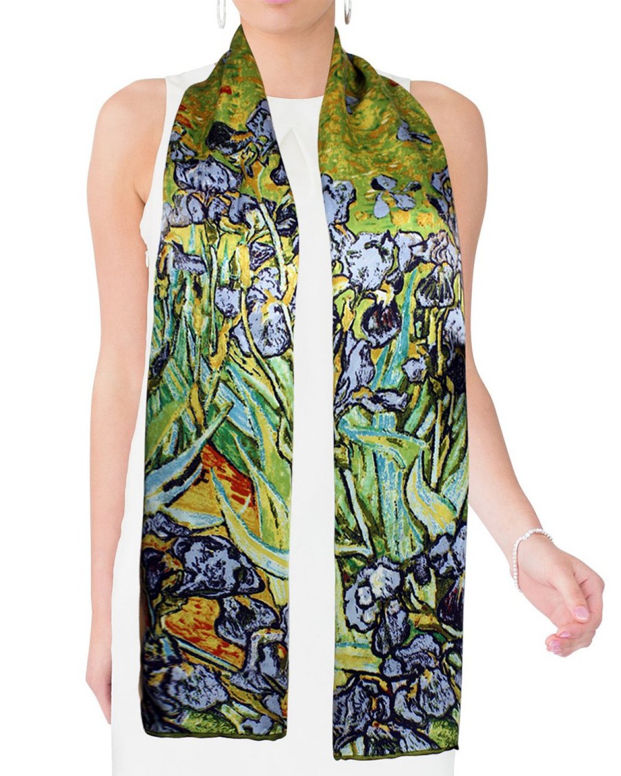 Dahlia Women's 100% Luxury Long Silk Scarf - Van Gogh "Irises" - Green ...